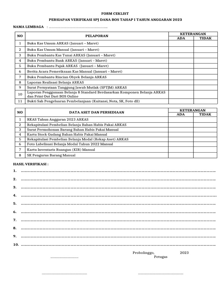 ! FORM CEKLIST VERIFIKASI SPJ TAHAP 1 2022 | PDF