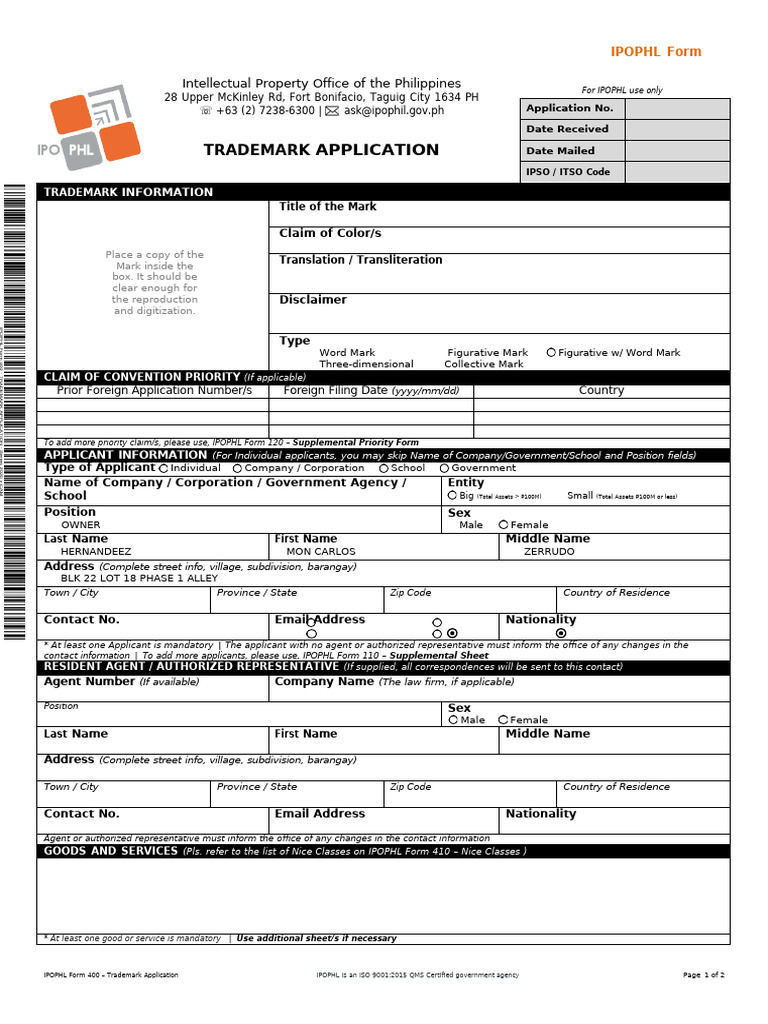 IPOPHL Trademark Application Form 400 | PDF | Trademark