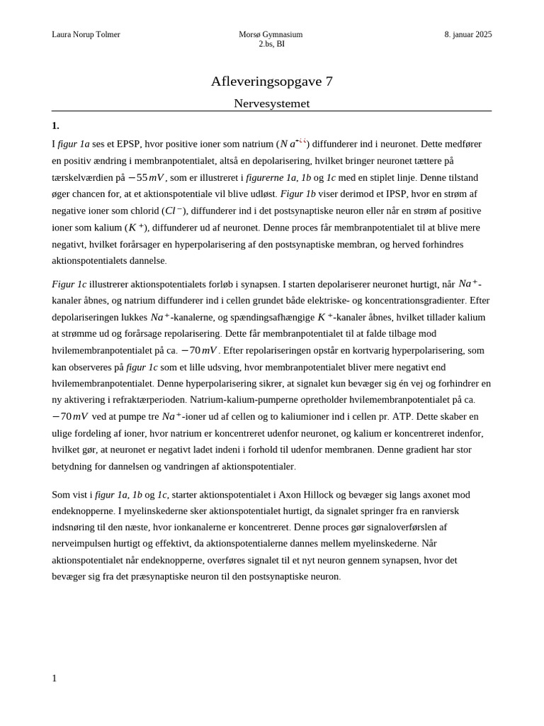 Afleveringsopgave 7 - Nervesystemet | PDF