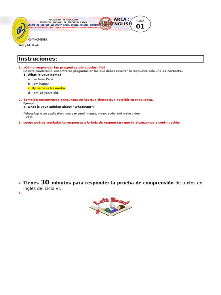 C-VI PRUEBA DE READING (1er Grado) | PDF