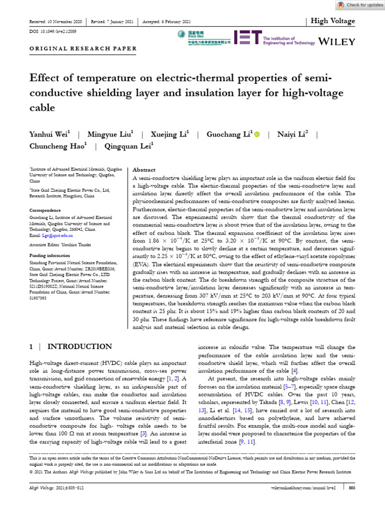 High Voltage - 2021 - Wei - Effect of Temperature On Electric Thermal ...