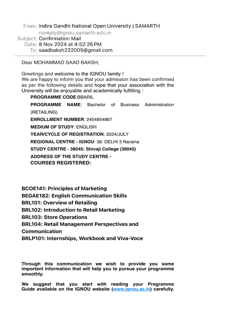 IGNOU Admission Confirmation Details | PDF | University And College ...