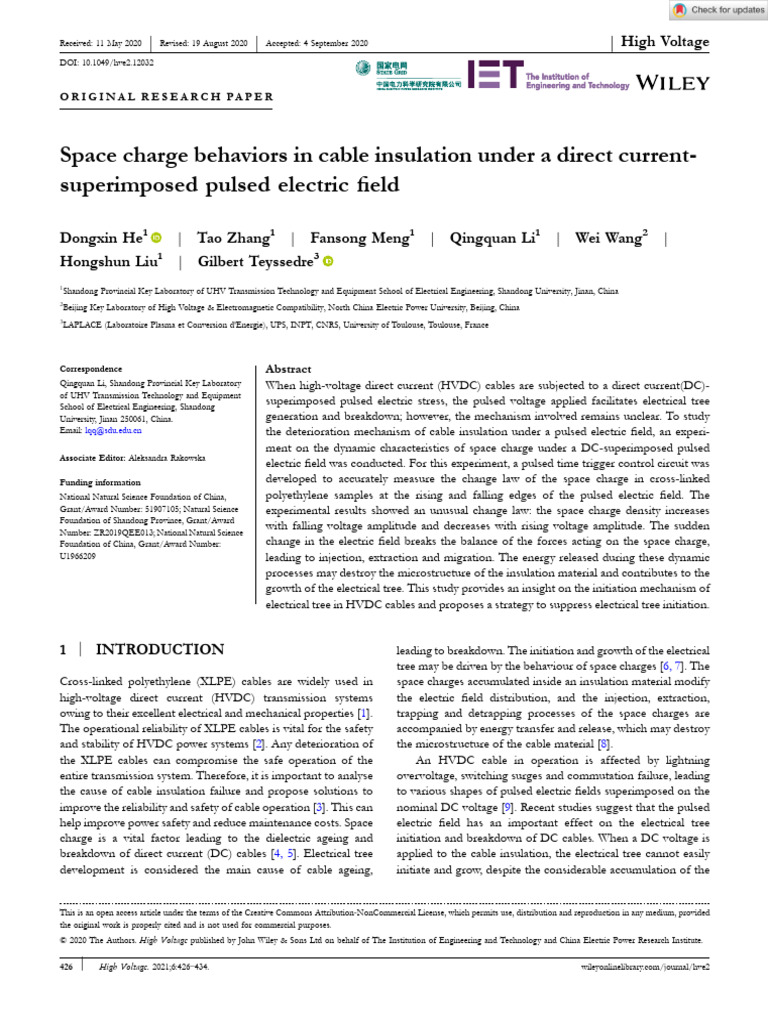 High Voltage - 2020 - He - Space Charge Behaviors in Cable Insulation Under A Direct Current ...