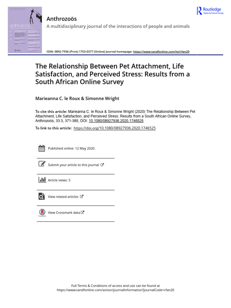 The Relationship Between Pet Attachment, Life Satisfaction, and Perceived Stress: Results From A ...