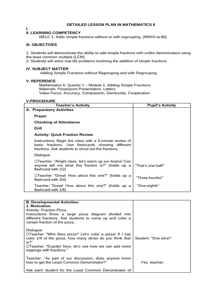 Adding Simple Fractions Lesson Plan | PDF | Learning | Mathematics