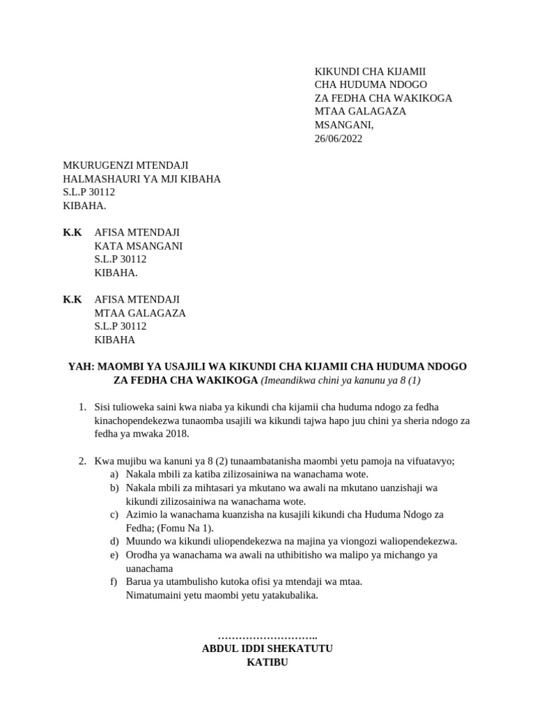 Barua Ya Usajili Kikundi Cha Huduma Ndogo Za Kifedha | PDF