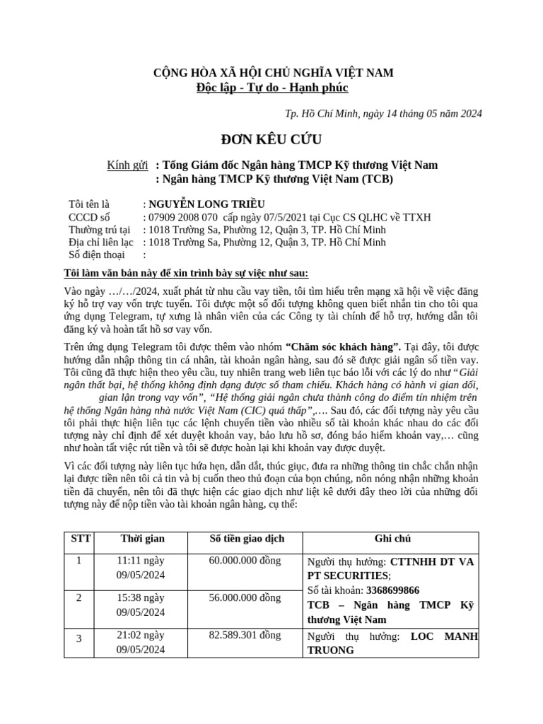 Don Keu Cuu - Techcombank | PDF