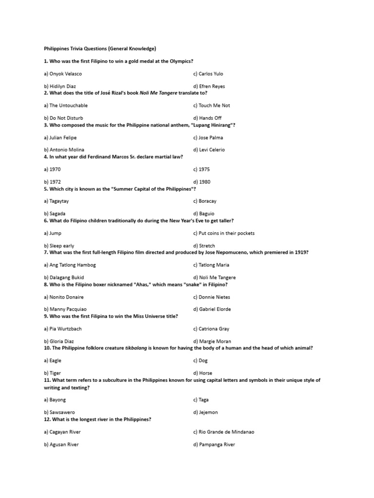 Philippines Trivia Questions ONLY | PDF | Philippines