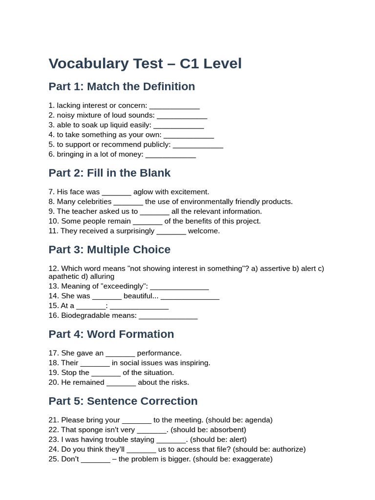 C1 Vocabulary Test PDF | PDF