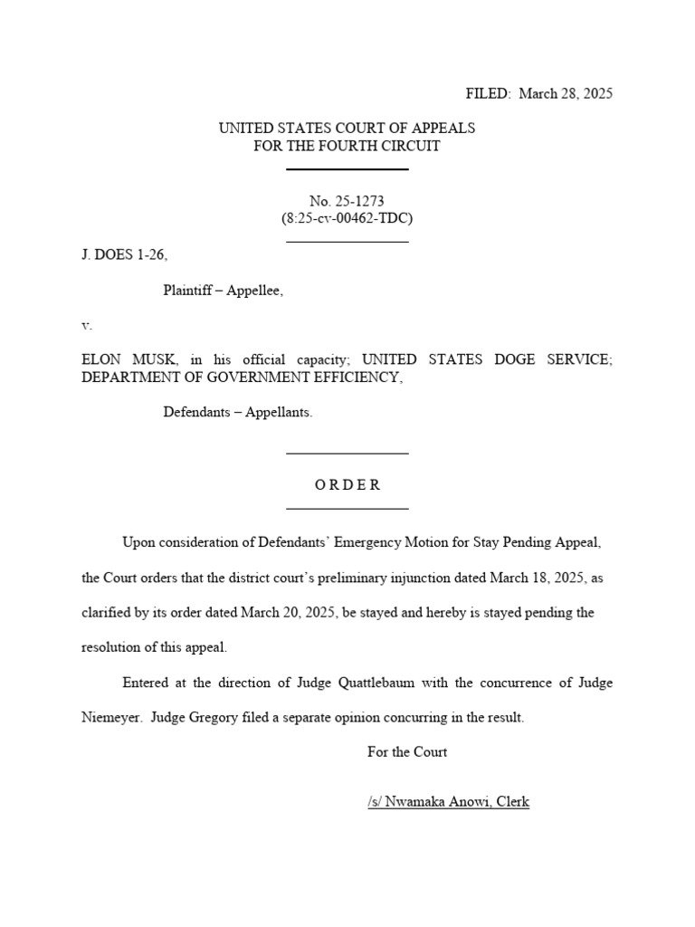 4th Circuit Court of Appeals Order On DOGE and USAID | PDF | Legal ...