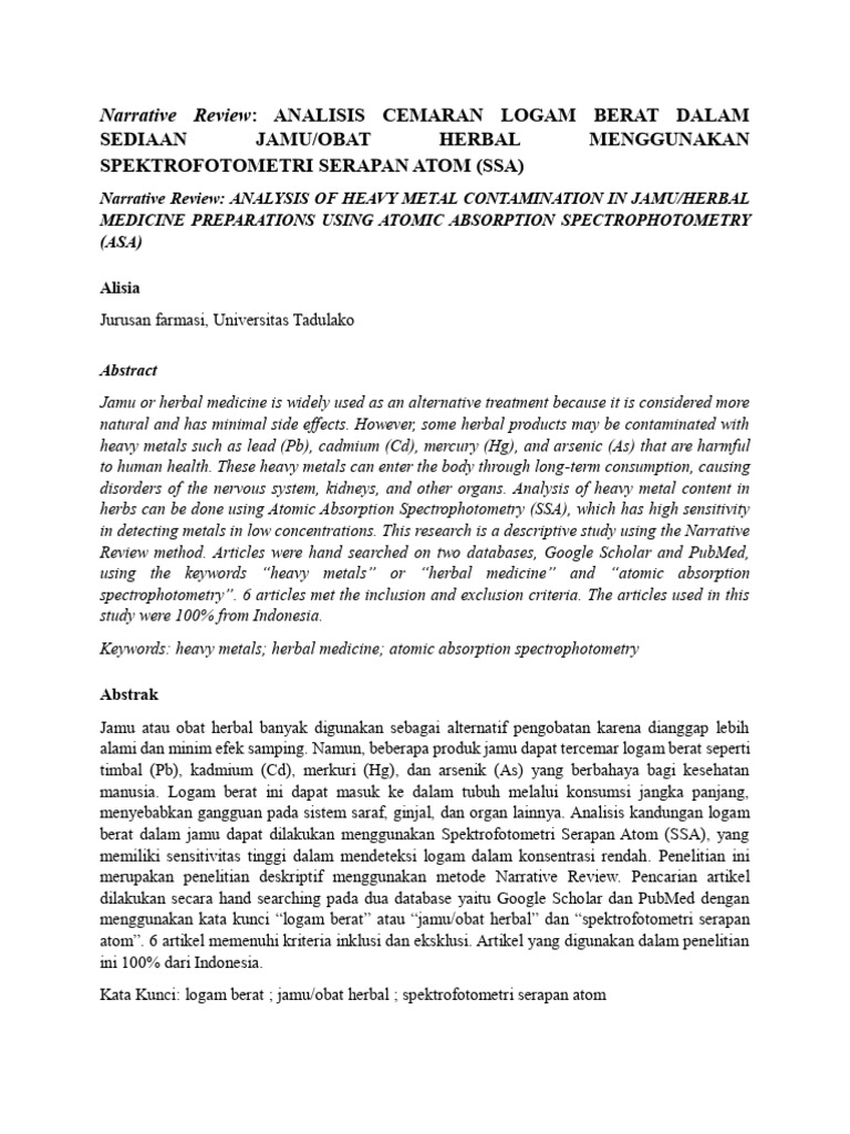 Narrative Review Analisis Cemaran Logam Berat Dalam Sediaan Jamuobat Herbal Menggunakan ...