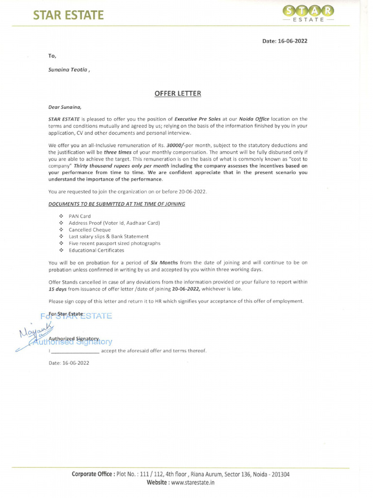 Sunaina Teotia Offer Letter | PDF