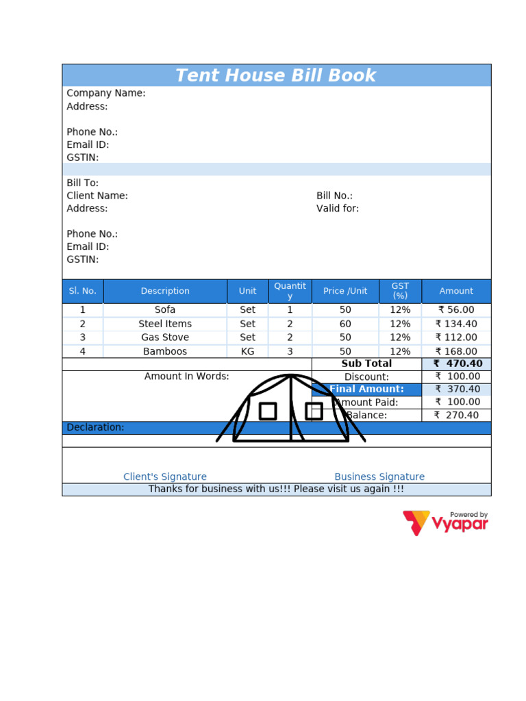 Tent House Bill Book Format 3 | PDF