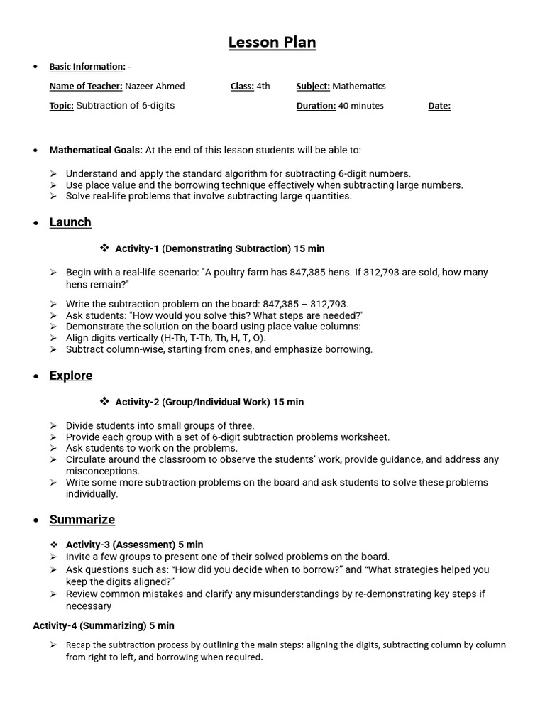 Subtraction - Lesson Plan | PDF