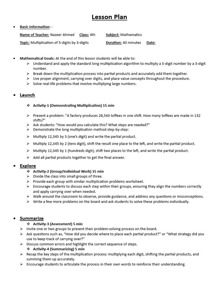 Multiplication - Lesson Plan | PDF | Multiplication | Lesson Plan