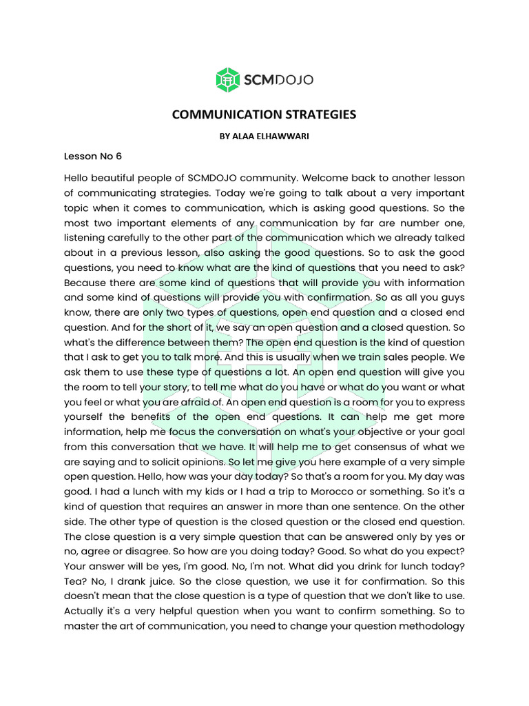 Lesson No 6 - Communication Strategies | PDF | Question | Communication