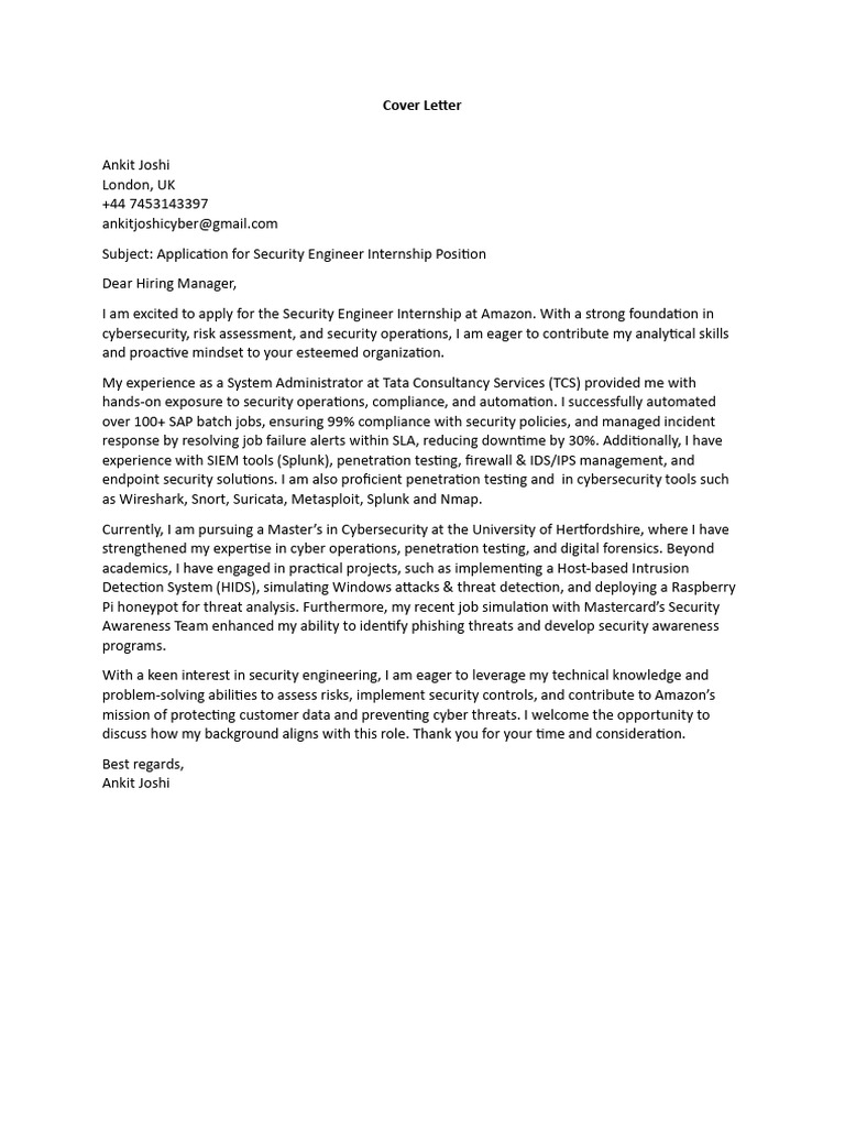 Cover Letter Ankit Joshi Amazon Internship | PDF