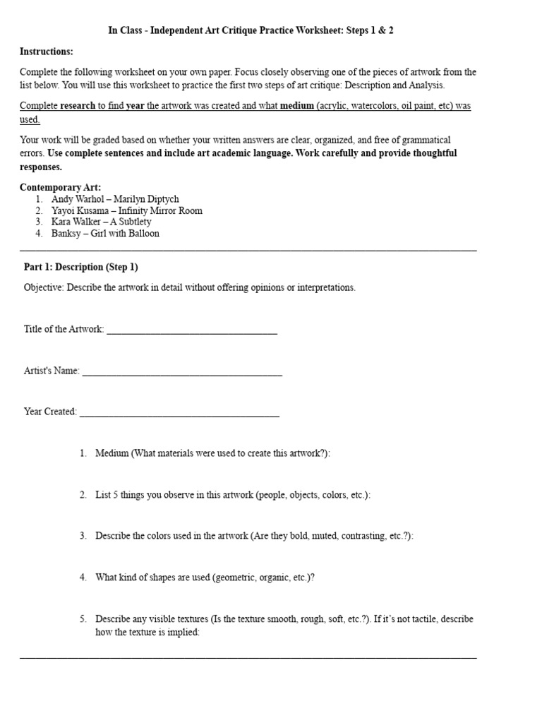 Art 2 in Classroom Assignment - Art Critique Steps 1 and 2 1 | PDF
