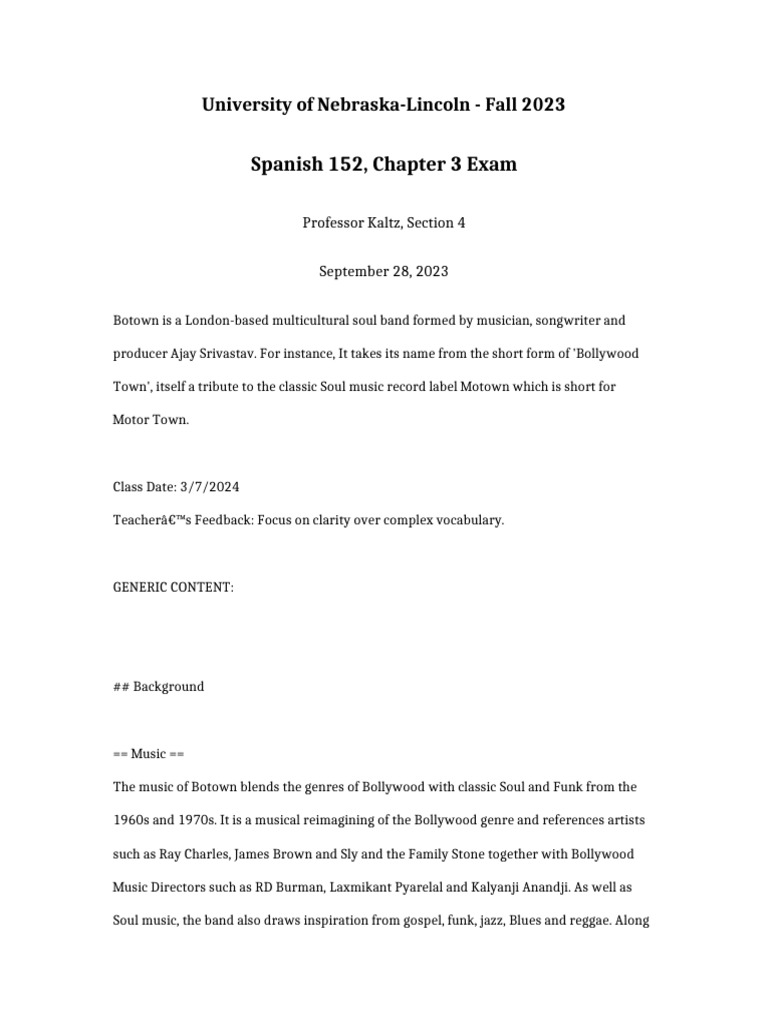 Spanish 152 Chapter 3 Exam | PDF | Popular Music | Performing Arts