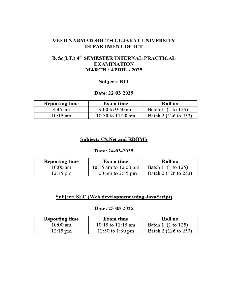 Internal Practical Schedule | PDF