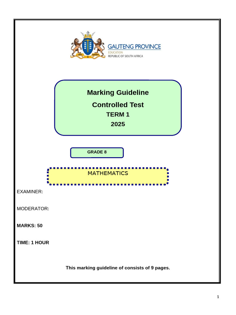 Marking Guideline Controlled Test Term 1 Grade 8 2025-1 | PDF | Natural ...
