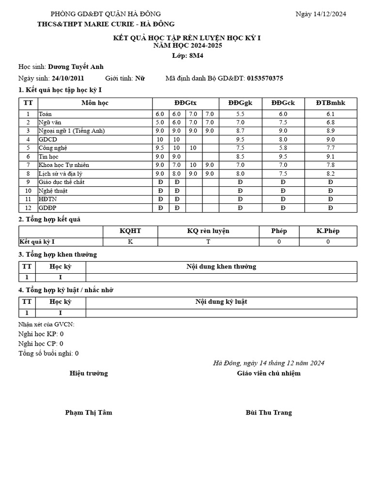Phieu Diem Hs 8m4 Namhoc 20242025 | PDF