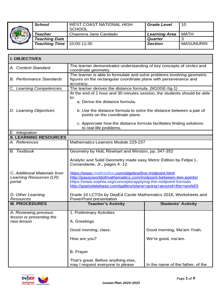 Grade 10 Mathematics-The Distance Formula | PDF | Geometry | Mathematics