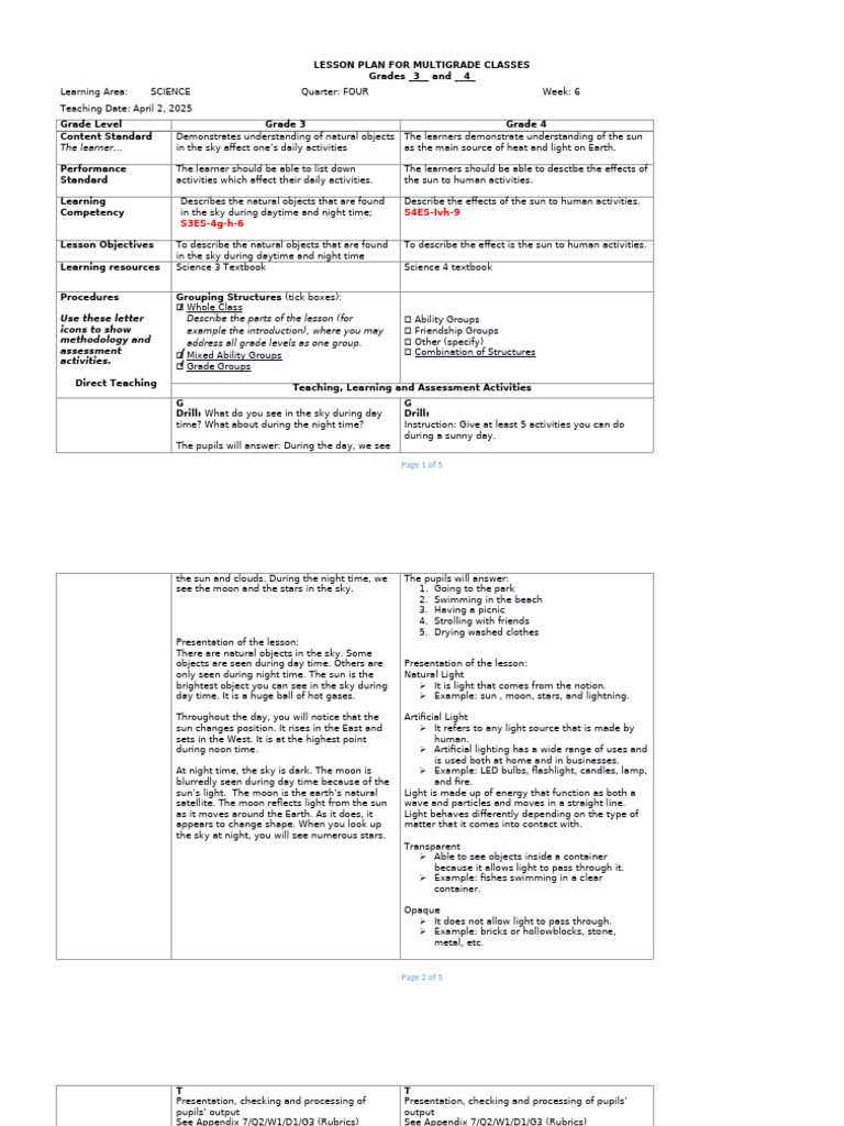 DLP in Science 3 - 4 Q2 WK 1 | PDF | Light | Sky