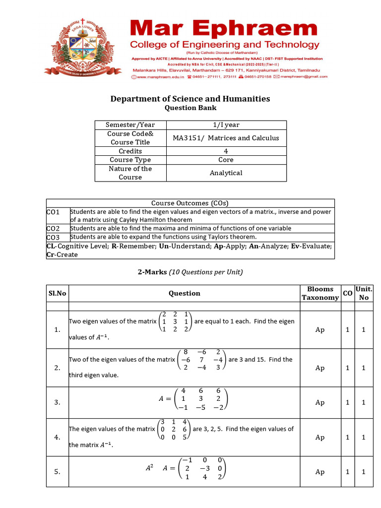 Question Bank For CAE-1 | PDF | Matrix (Mathematics) | Eigenvalues And Eigenvectors