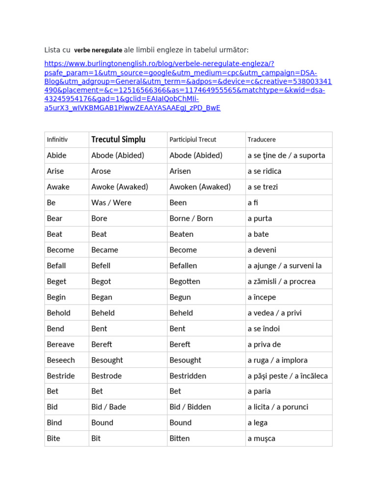 Verbe Regulate Si Nereegulate En | PDF | Grammatical Conjugation | Grammar
