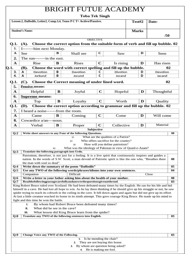 T2 Chapter Wise Test of English Lesson 2 | PDF | Linguistics
