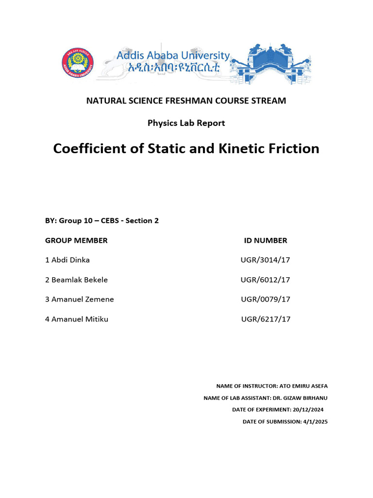 Physics Lab Report Cofficient of Static and Kinetic Friction | PDF | Friction | Force