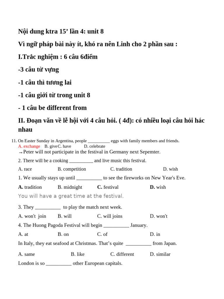 Nội dung ktra 15-lần 4 -lớp 7 | PDF | Holidays | Traditions