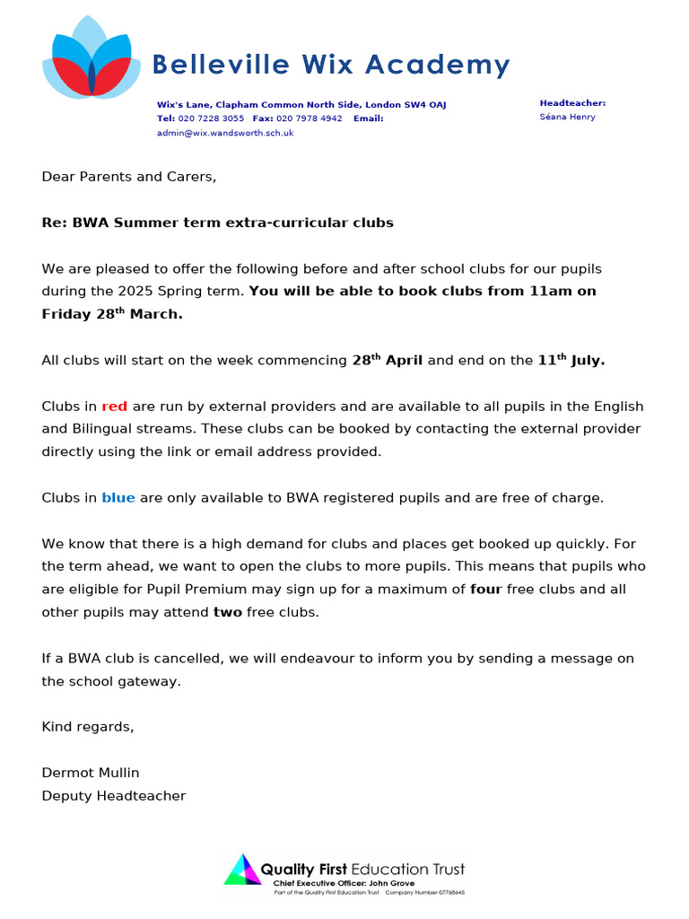 BWA Spring Term Extra-Curricular Clubs | PDF | Physical Exercise | Summer Olympic Sports