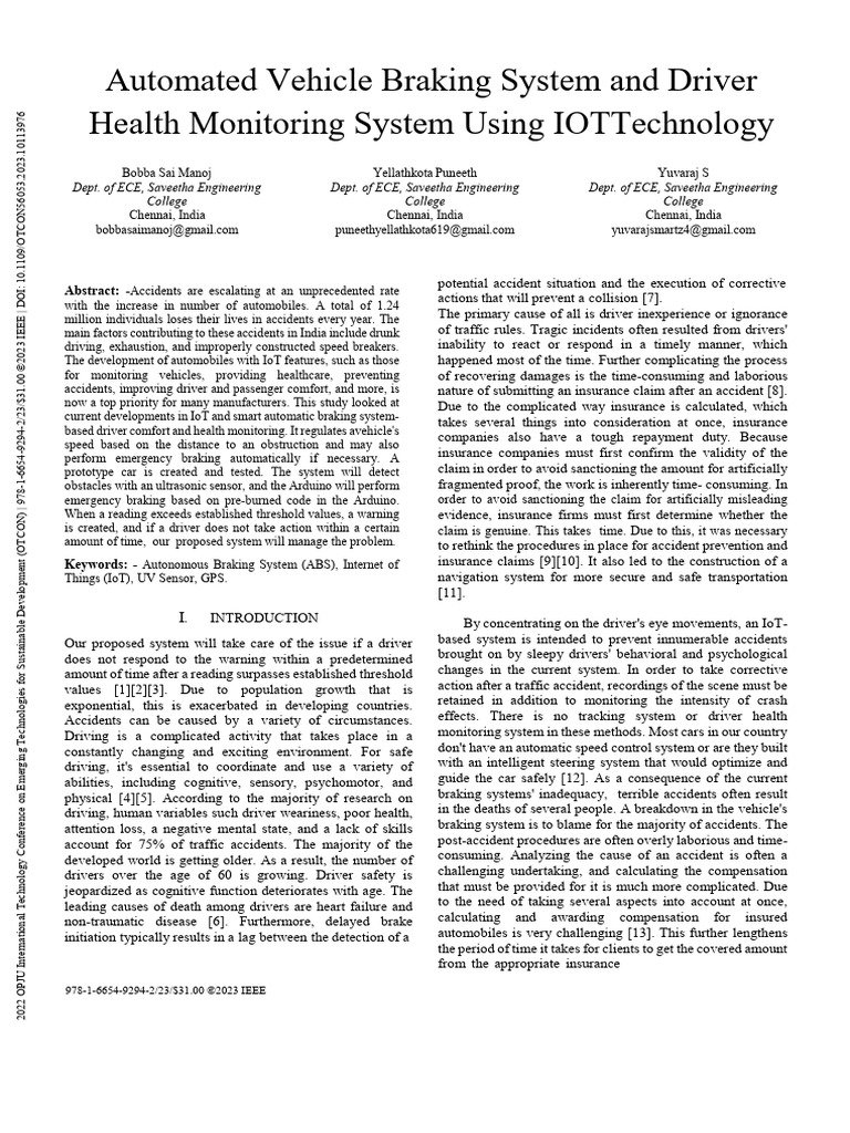 Automated Vehicle Braking System and Driver Health Monitoring System Using IOT Technology | PDF ...