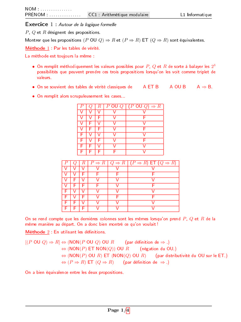 L1 INFO S2 ARITHMéTIQUE MODULAIRE CORRIGé CC1 | PDF | Division | Algèbre générale