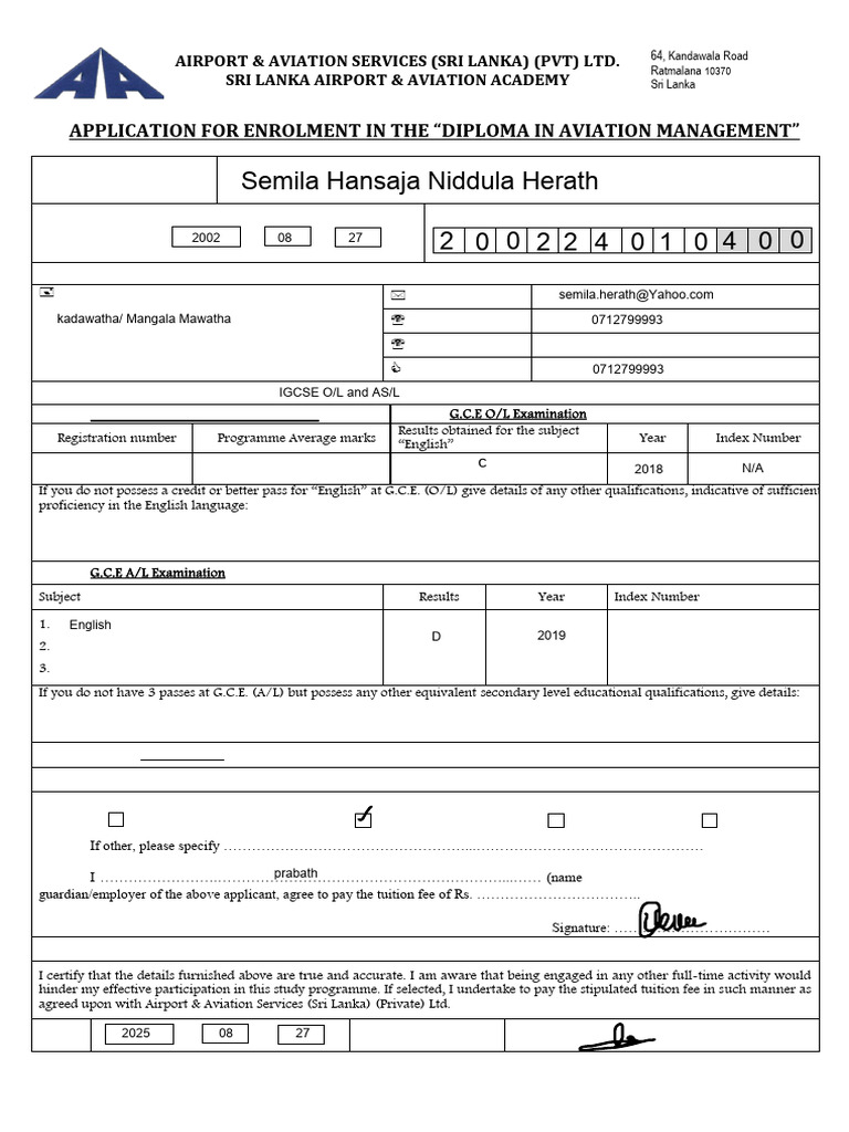 Aviation Management Enrollment Application | PDF | Birth Certificate