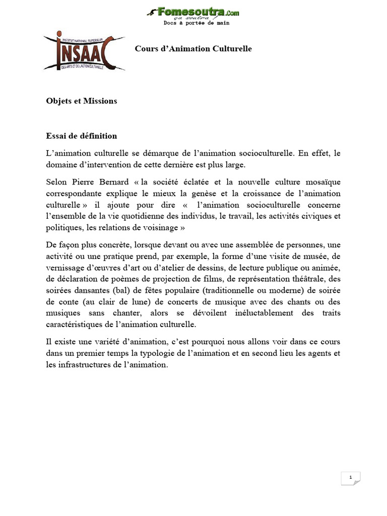 Cours sur l'Animation Culturelle en C.I. | PDF | Arts | Enseignement ...