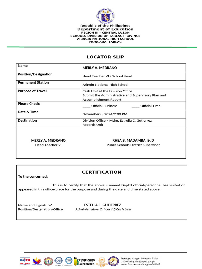 Locator Slip for DepEd Official Travel | PDF | Philippines
