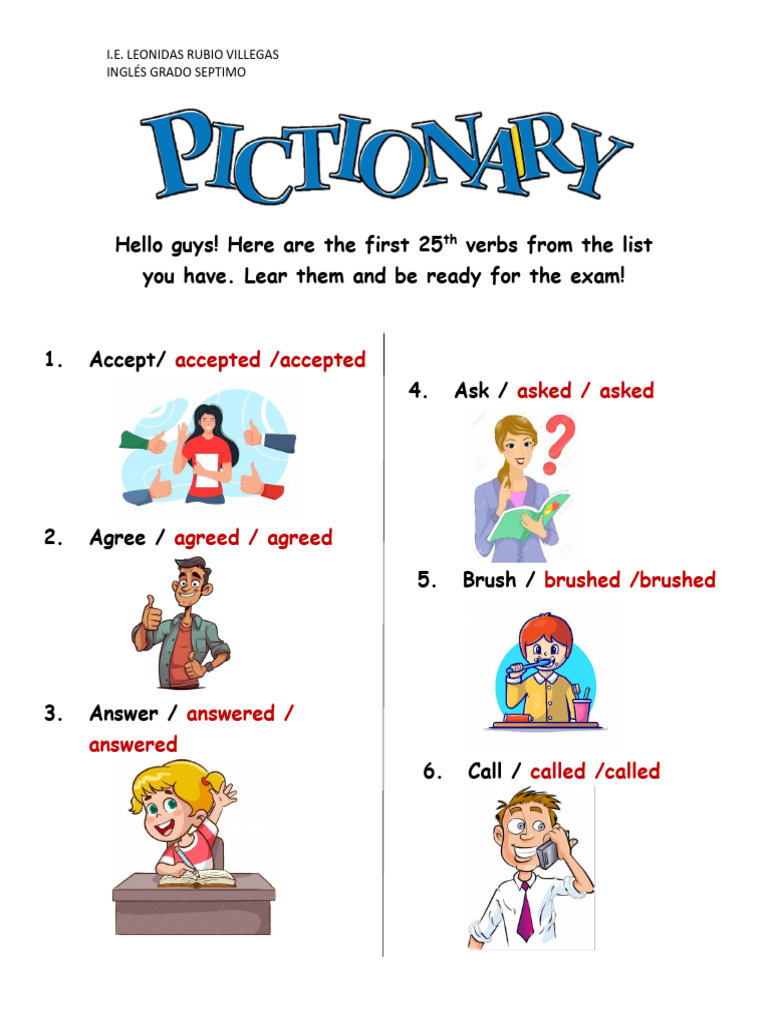 Pictionary - Seventh Grade (25 First Verbs) | PDF