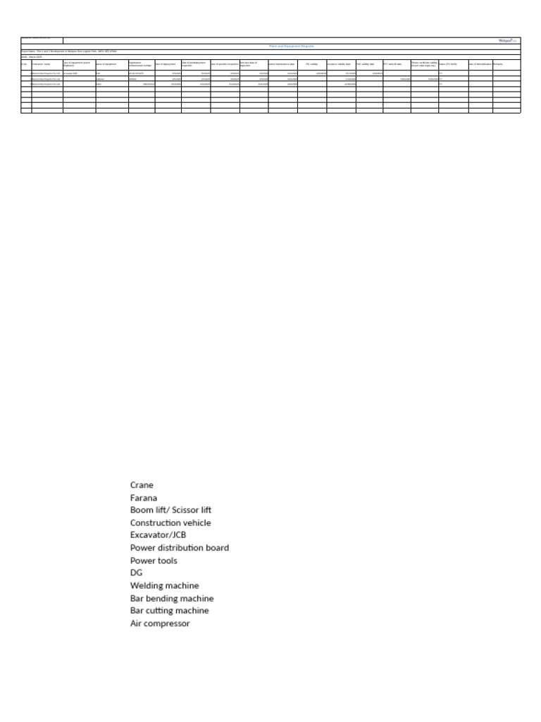 Plant and Equipment Register for Welspun Project | PDF | Vehicles ...