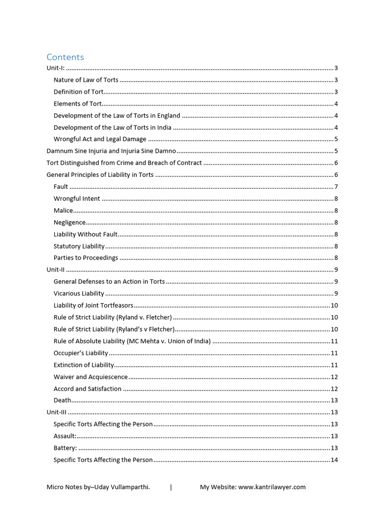 Micro Notes_Law of Torts | PDF | Tort | Negligence