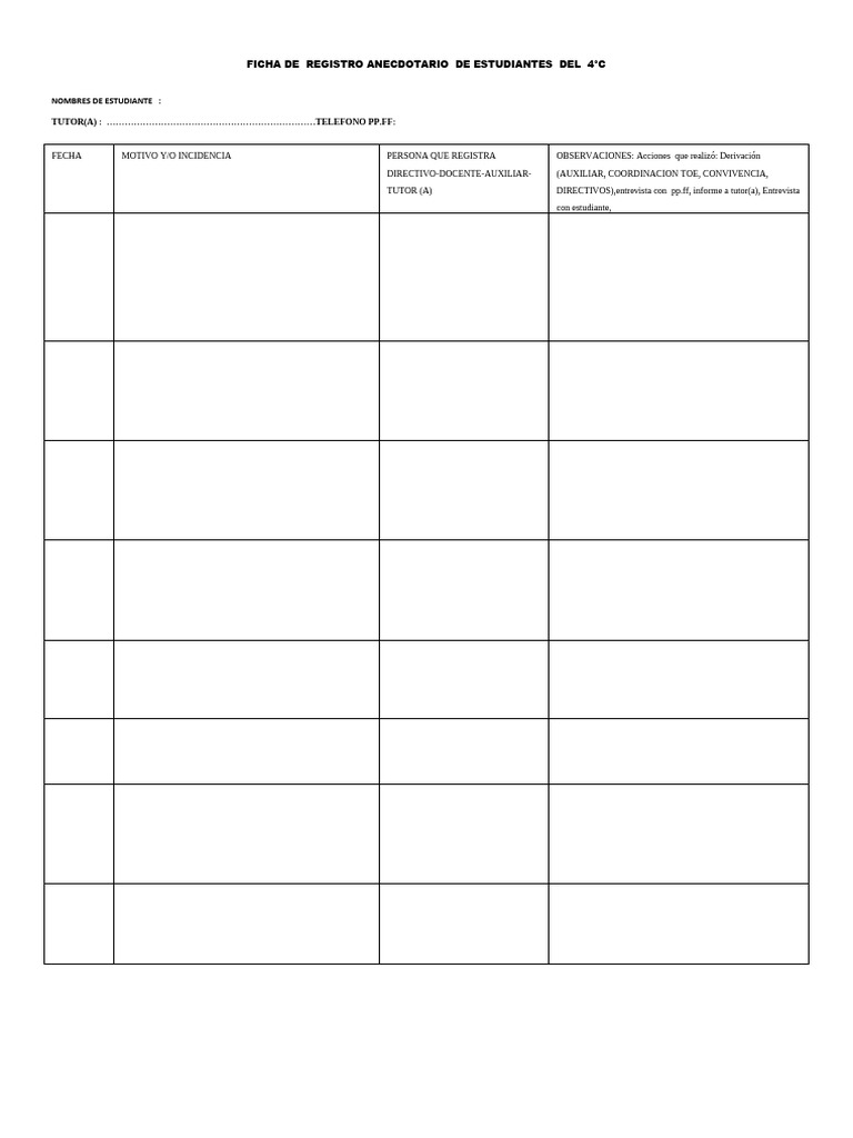 Ficha de Registro Anecdotario de Estudiantes | PDF