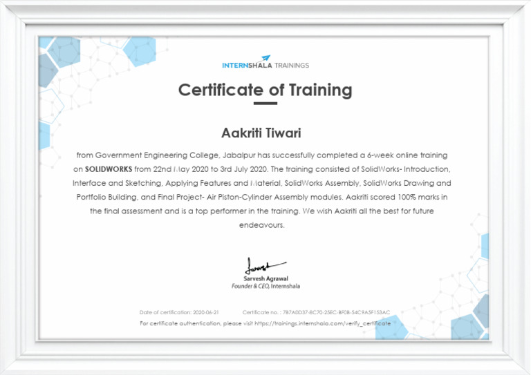 SOLIDWORKS Training - Certificate of Completion | PDF