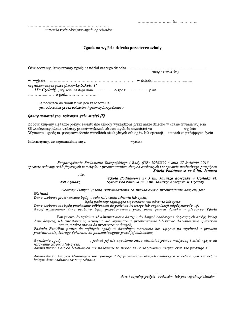 Zgoda Na Wyjście Dziecka Poza Teren Szkoły | PDF