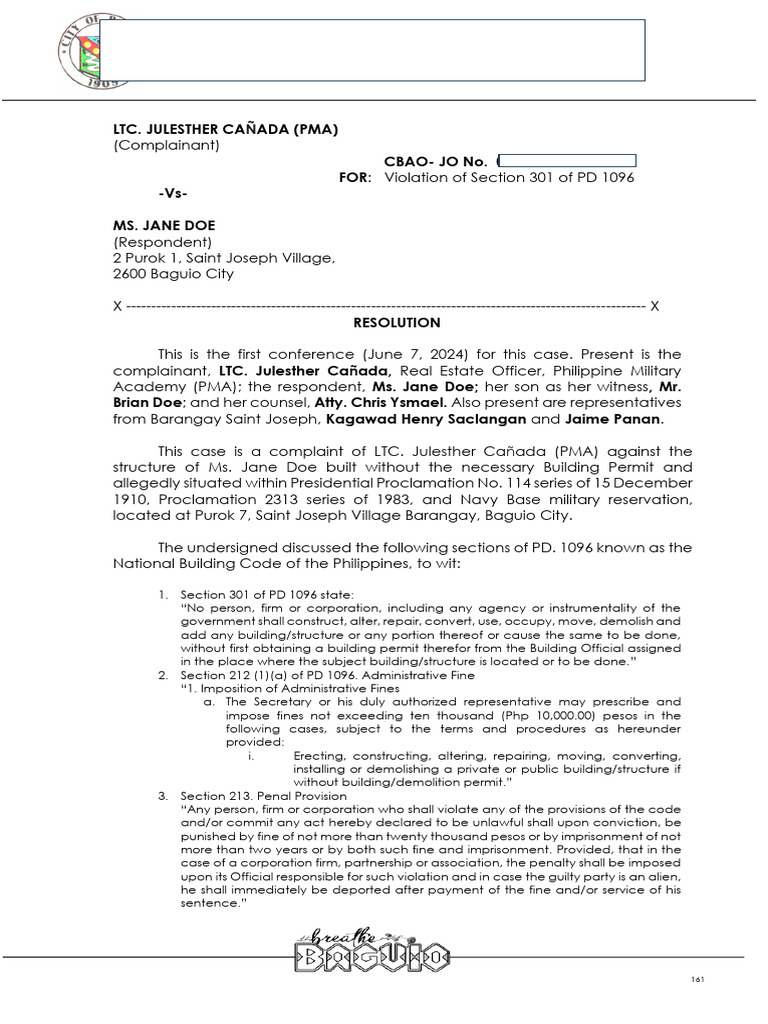 Violation of PD 1096 Section 301 Resolution | PDF | Fine (Penalty ...