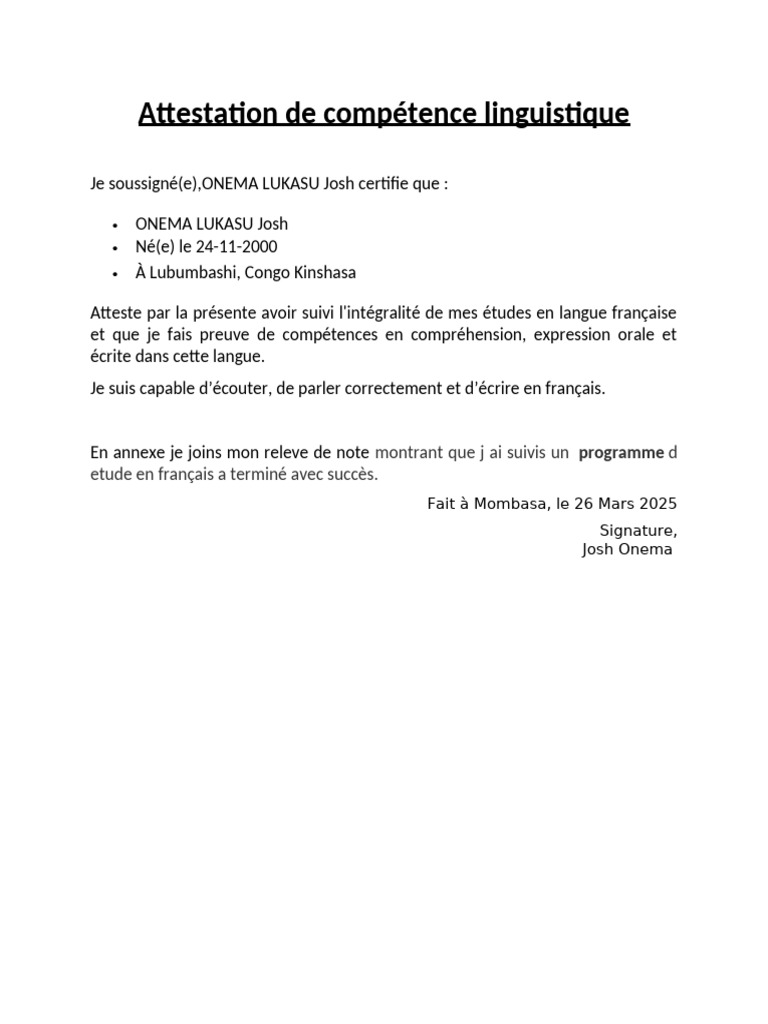 Attestation de compétence en français | PDF