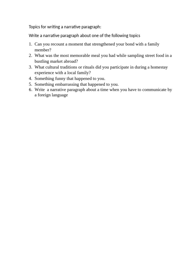 Topics for Writing Narrative Paragraph | PDF