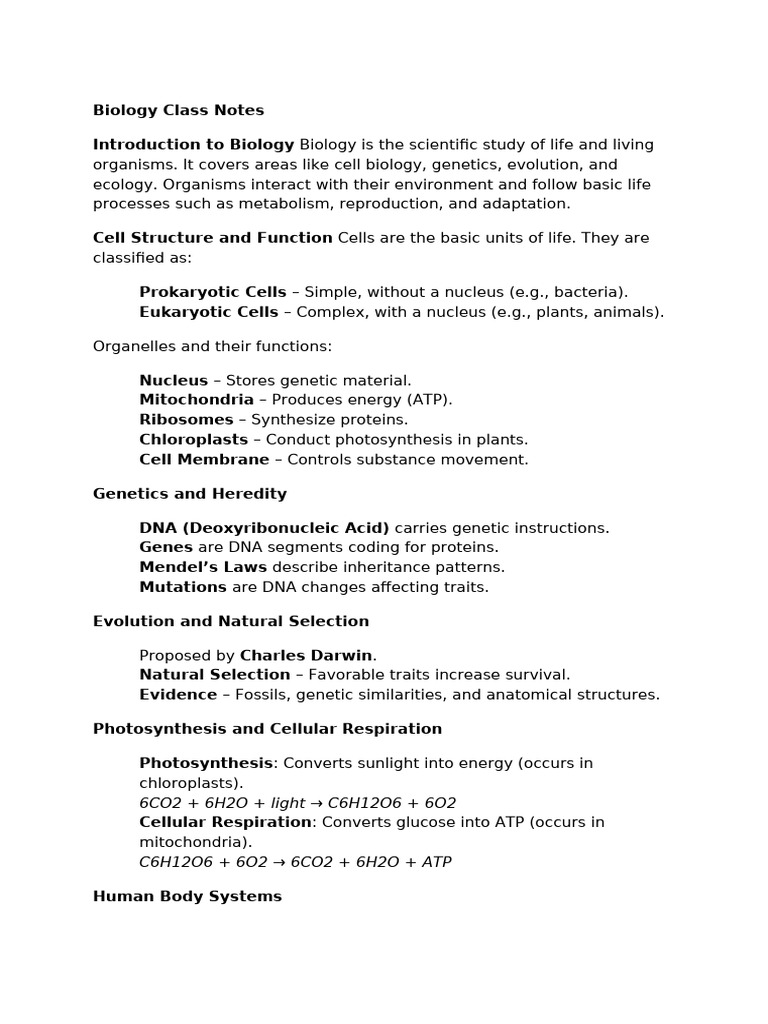 Comprehensive Biology Class Notes | PDF | Biology | Cell (Biology)