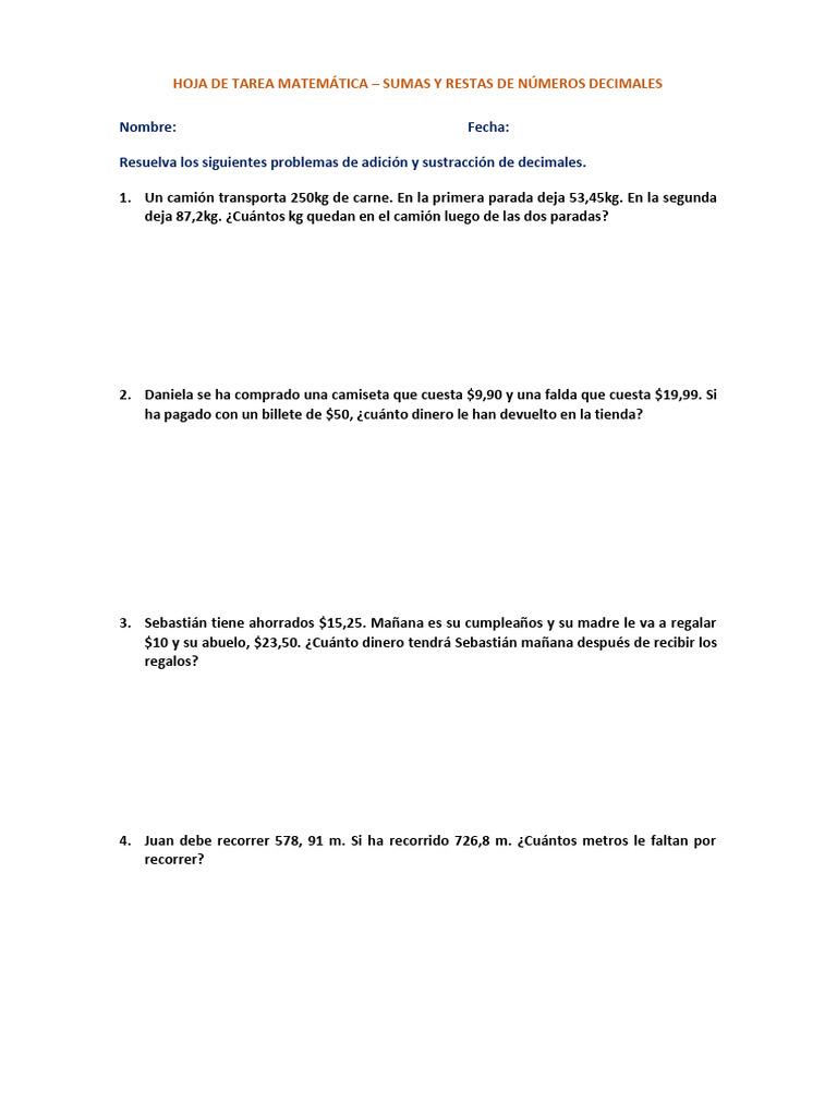 Hoja de Tarea Matemática - Sumas y Restas de Números Decimales | PDF